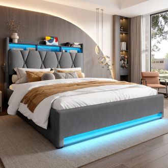 Generic Modernes Polsterbett mit LED-Kopfteil und offenem Regal Gasdruck-Lattenrost mit USB und Type-C Ladeanschlüssen Stauraum und praktische