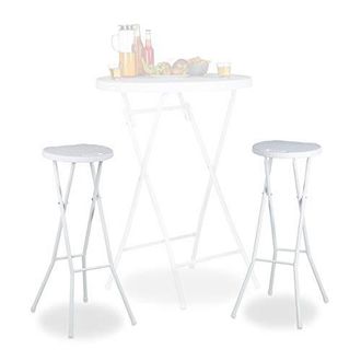 Relaxdays Tabouret pliant de jardin BASTIAN lot de 2 sans dossier r&eacute;sistant hauteur 80 cm chaise de bar plastique optique rotin, blanc