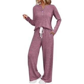 Generic MJGkhiy Pyjama dhiver pour femme en molleton molletonn&eacute; 2 pi&egrave;ces Ensemble de nuit en tricot &agrave; manches longues et pantalon incurv&eacute; chaud pyjama long do