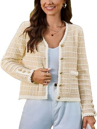 Belle Poque Cardigan Femme Boutonn&eacute; Manches Longues Ouvert Devant Col V R&eacute;tro Beige L