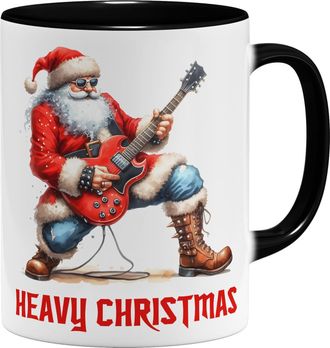 OM3 Heavy Christmas Kaffee-Tasse Lustige Weihnachtstasse f&uuml;r Rocker & Heavy Metal Fans - Santa mit E-Gitarre II - Keramik Becher - 325ml - Beidseitig Bedr
