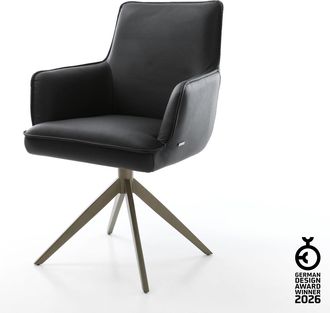 DELIFE Drehstuhl Heira-Flex mit Armlehnen Echt-Leder Schwarz Kreuzgestell breit Effektfinish Titan 360&deg; drehbar Taschenfederkern, Esszimmerst&uuml;hle