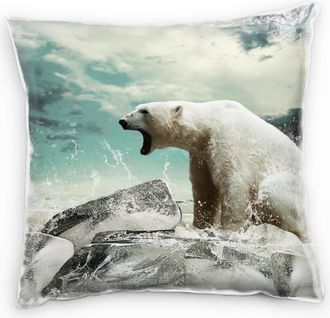Paul Sinus Art Tiere, türkis, grau, weiß, Eisbär auf Einer Eisscholle Deko Kissen 40x40cm für Couch Sofa Lounge Zierkissen - Dekoration zum Wohlfühlen