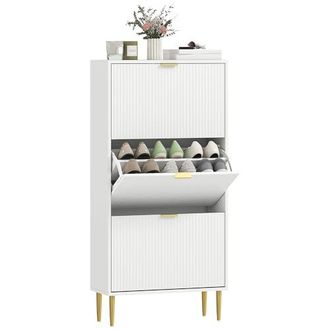 HOMCOM Meuble &agrave; Chaussures 18 Paires, Armoire &agrave; Chaussures &eacute;troite Moderne avec 3 tiroirs rabattables, Portes cannel&eacute;es et &eacute;tag&egrave;res r&eacute;glables, pour Couloir e