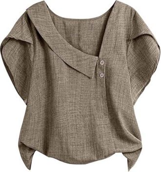 Generic Haut en coton et lin pour femme - Haut &agrave; manches courtes - Couleur unie - Tunique d&eacute;contract&eacute;e &agrave; col en V - Chemise en mousseline de couleur unie - Bl