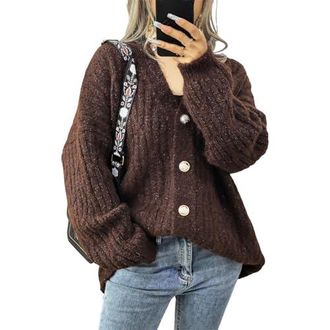 Generic Veste tricot&eacute;e ample avec boutons pour femme - Cardigan dhiver pour garder au chaud - Mode d&eacute;contract&eacute;e, marron, Taille XS