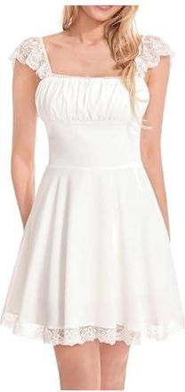 Generic Robe amincissante en dentelle &agrave; col carr&eacute; pour femme - Dos nu - Couleur unie - Ligne A, blanc, XS