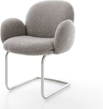 DELIFE Freischwinger Nube-Flex mit Armlehnen Bouclé Silbergrau Freischwinger rund Edelstahl Taschenfederkern, Esszimmerstühle