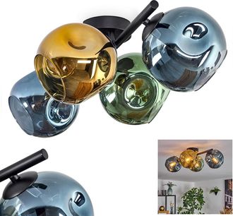 HOFSTEIN Deckenleuchte Ripoll, 4-flammige Deckenlampe aus Metall/Glas in Schwarz/Gr&uuml;n/Blau/Gold, Leuchte im Retro/Vintage-Design (Schirme &Oslash; 15 cm), E14, Esszim
