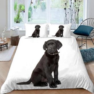 Generic Housse de Couette 220x240 Labrador Noir Parure de Lit Animaux de Compagnie Canins 3D Douce Respirante Microfibre Housse Couette 2 Personne avec Fermet