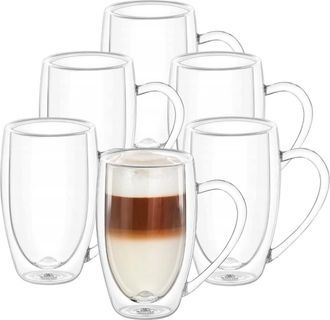 Wilmax England Wilmax | Doppelwandige Thermogl&auml;ser mit Henkel | 6er-Set | 400 ml | Thermotassen | Latte Macchiato Gl&auml;ser Set | Cappuccino Gl&auml;ser mit Henkel | Kaffeeg