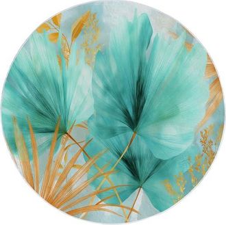 Generic Tapis Rond 160 cm Style Minimaliste Salon Chambre Rug, Lavable en Machine Bleu Tapis Chambre Enfant, Doux R&eacute;tro Botanique Feuille De Palmier Descente 