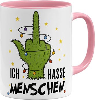 OM3 lustige Anti Weihnachten Kaffee-Tasse mit Spruch - Ich hasse Menschen - Keramik Becher - 325ml - Beidseitig Bedruckt - Rosa