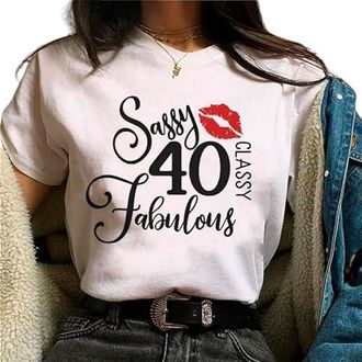 Keephen 40&egrave;me Anniversaire T-Shirts Femmes 40 Ans Anniversaire Dr&ocirc;le Lettre Impression 3D T-Shirt &Eacute;t&eacute; Casual Manches Courtes Tee Tops