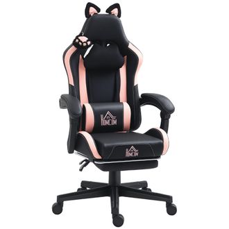 HOMCOM Ergonomische Gaming-Stuhl mit Katzenohren, Kunstleder Recliner B&uuml;ro Gaming-Stuhl mit Fu&szlig;st&uuml;tze, verstellbare Kopfst&uuml;tze, Lenden-und Nackenwirbelst&uuml;tze