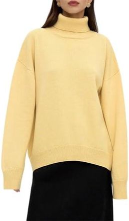 Generic Pull oversize &agrave; col roul&eacute; d&eacute;contract&eacute; et manches longues pour femme - Pull ample en tricot pour lautomne et lhiver, jaune, M