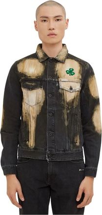 Off-white Homme, Vestes, Noir, Taille: M Veste en Denim Trèfle Déchirée