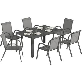 OUTSUNNY Table de jardin ext&eacute;rieure avec 6 chaises empilables - Outsunny - plateau &agrave; lattes 150 cm - structure en acier - gris clair
