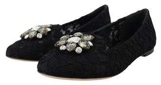 Dolce & Gabbana Womens Black Taormina Lace Crystals Flats Shoes Cotton