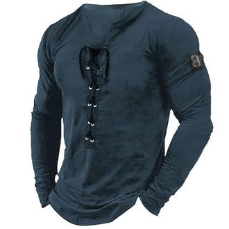 Generico Chemise &agrave; manches courtes pour homme - Style r&eacute;tro - Col en V - Lacets classiques - Henley - Confortable - Chemise de loisirs - Sweatshirt militaire &agrave;