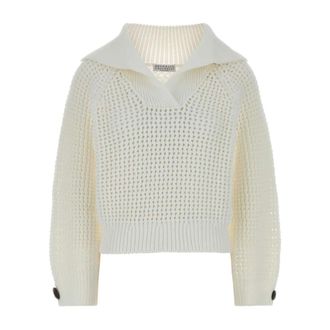 Brunello Cucinelli Femme, Pulls, Blanc, Taille: 40 FR Pull en maille c&ocirc;tel&eacute;e textur&eacute;e en coton