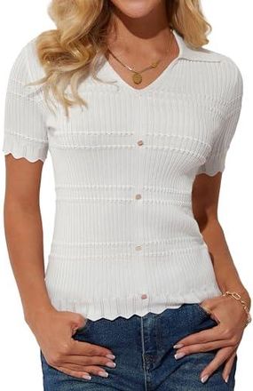 Grace Karin Polo à manches courtes et col en V pour femme - Pull élégant et léger, ivoire, XXL