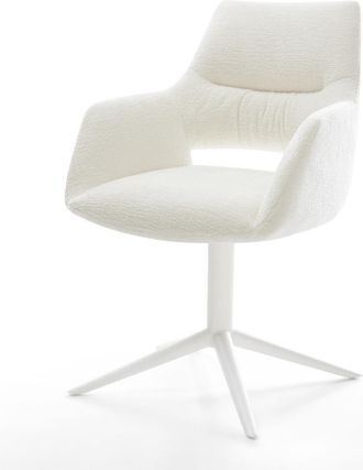 DELIFE Drehstuhl Yago-Flex mit Armlehnen Boucl&eacute; Soft Beige Fu&szlig;kreuz Wei&szlig; 360&deg; drehbar Wippfunktion Taschenfederkern, Esszimmerst&uuml;hle