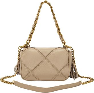 La Carrie Femme, Sacs, Beige, Taille: ONE Size Petit sac &agrave; bandouli&egrave;re en cuir avec motif losanges, micro clous dor&eacute;s et franges, anse cha&icirc;ne entrelac&eacute;e d&eacute;co-cu