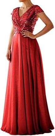 Onsoyours Robe De Soirée en Mousseline Robe Longue Femme Couleur Unie Col en V Chic Et Elegant Robe De Soirée Manches Courtes Maxi Robe Femme De Cocktail N Roug