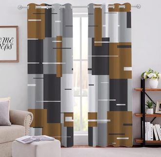 Generic Motif Géométrique en Treillis Marron Et Gris Rideaux Occultant 140Lx240Hcm Lignes Géométriques Rideau pour Chambre À Coucher Salon Oeillets Isolation 