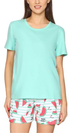 Merry Style Damen Schlafanzug Zweiteiler Pyjama Kurz aus Baumwolle Pyjama Set MS10-177 (Minze/Wassermelone, S)