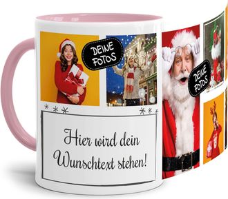 Tassendruck Foto-Tasse selbst gestalten mit Text & Collage für 7 Fotos - Geschenk für Familie, Freunde, Geburtstag, Weihnachten - Keramik Innen & Henkel Rosa, 300