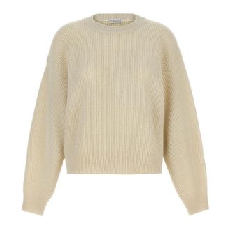 Brunello Cucinelli Woll- und Kaschmir-Rippstrickpullover mit Pailletten - - Knitwear - Damen - Wei&szlig; - L