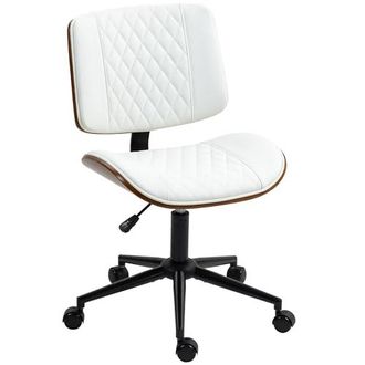 HOMCOM Chaise de bureau pivotante r&eacute;glable en hauteur avec roulettes et surpiq&ucirc;re diamant&eacute;e avec fonction bascule en cuir synth&eacute;tique Blanc