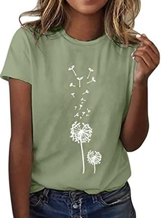 Generic T-shirt &agrave; manches courtes pour femme avec col rond Motif pissenlit pour femme, vert, XXL