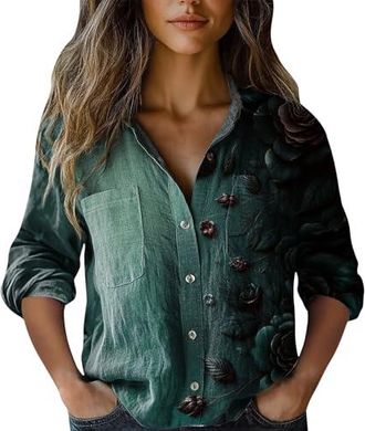 Generic Chemisier &agrave; manches 3/4 pour femme - Avec boutons - Col en V - Boutonn&eacute; - Style vintage - Boho - Chemise florale - Chemise d&eacute;t&eacute; d&eacute;contract&eacute;e - Chemise