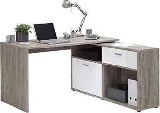 FMD Möbel 367-001E Diego Schreibtisch, Holzwerkstoff, Sandeiche/Hochglanz-Weiß, Maße 134.0 x 141.0 cm