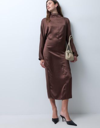 Asos robe midi smock en satin &agrave; col montant couleur chocolat-Marron