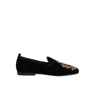 Dolce & Gabbana Loafer mit goldener Kronenstickerei aus Samt - - Shoes - Herren - Blau - 40 EU