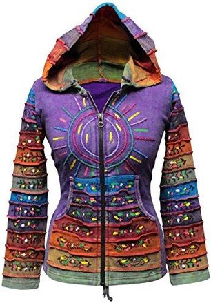 Shopoholic Fashion Délavéà lacide Multicolore Patchwork Capuche, Rayures Arc en Ciel Manche Hippie Veste, Boho - Pourpre, Medium