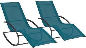 IDMarket Lot de 2 chaises longues - transat de jardin &agrave; bascule MALAWI gris anthracite et toile bleu canard