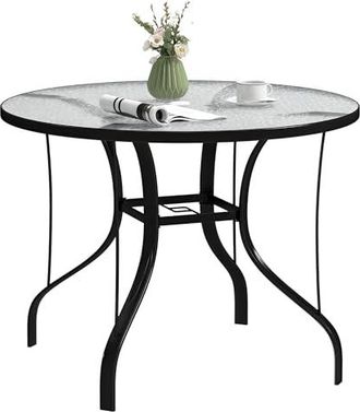 OUTSUNNY Table de Jardin Ronde pour 4 Personnes Maximum avec Trou pour Parapluie, Table dappoint en m&eacute;tal et Verre tremp&eacute; pour lext&eacute;rieur, &Oslash;96.5x71 cm, Noir