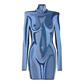 Balmain Femme, Robes, Bleu, Taille: 42 FR Robe en maille jacquard avec trompe-loeil Corps