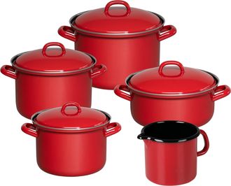 Riess 0346-020, Classic-Set, 5tlg, COLOR ROT, Fleischtöpfe mit Deckel, 16cm - 1.5l, 18cm - 2.5l, 20cm - 3.5l, Kasserolle mit Deckel, 20cm - 2l, Schnabeltopf