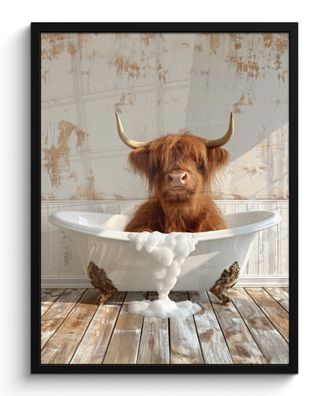 MuchoWow &copy; Bilder mit Rahmen 60x80 cm Poster Wanddekoration Wohnzimmer Deko Modern Geschenke Bilderrahmen Schottischer Highlander - Badewanne - Vintage - Kuh
