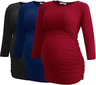 Smallshow Haut de Maternité pour Femmes Lot de 3 Vêtements de Grossesse à Manches froncées 3/4,Black/Navy/Wine,L