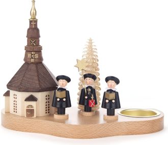 Dregeno Seiffen eG Teelicht-Halter natur mit Kirche und Kurrende von DREGENO SEIFFEN 18 cm - Original erzgebirgische Handarbeit, stimmungsvolle Weihnachts-Dekoration
