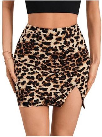 SOLY HUX Jupe moulante pour femme - Mini jupe l&eacute;opard - Jupe moulante - Jupe d&eacute;t&eacute; - Taille haute - Jupe d&eacute;contract&eacute;e avec fente, Effet l&eacute;opard, M