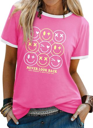 Dresswel Tshirt Damen Give Yourself A Smile Everyday L&auml;chelndes Gesicht Druck T-Shirt Rundhals Kurzarm T Shirts Sommer Oberteile Tee Tops Bluse