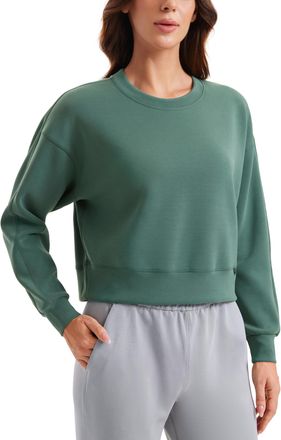 CRZ YOGA Damen SoftAura Oversized Sweatshirt Langarm Shirt Basic Workout L&auml;ssig Rundhalsausschnitt Pullover Dunkles Waldgr&uuml;n 42